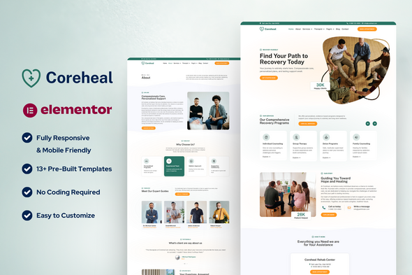 Coreheal - Addiction Recovery & Rehabilitation Center Elementor Pro Template Kit by TemplateNitro
